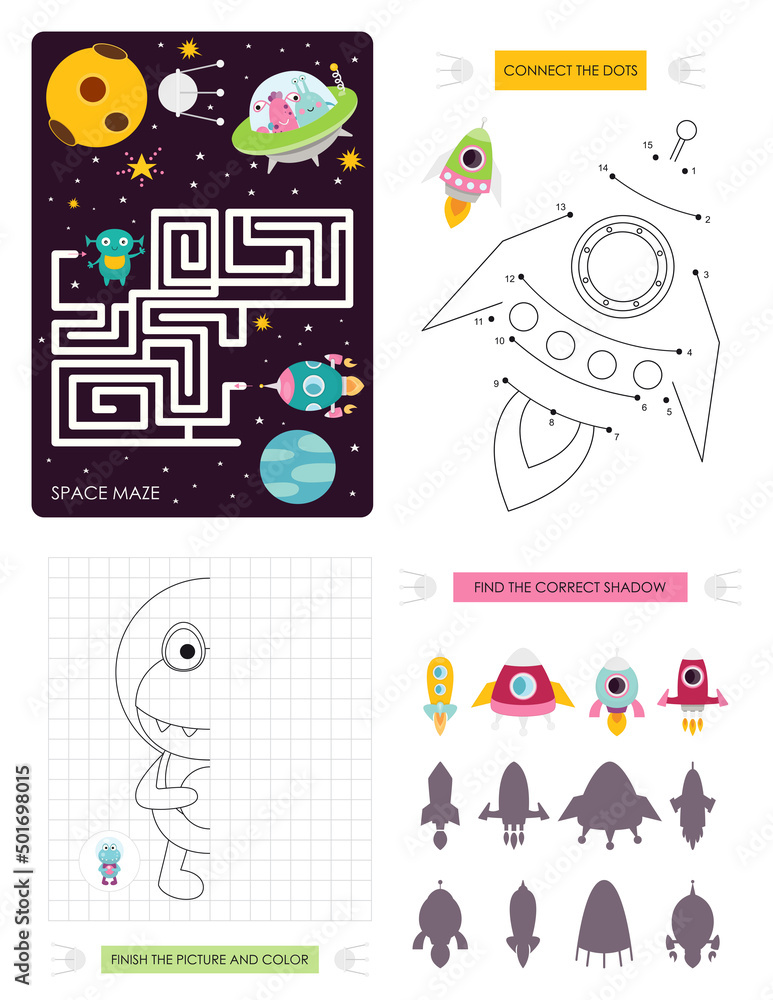 Space Activity pages for kids. Printable activity sheet with mini games ...