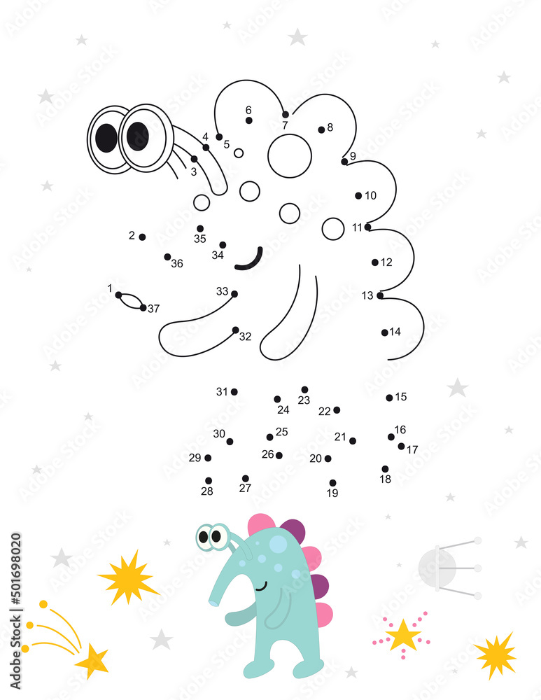 Vetor de Space activities for kids. Dot to dot game – Cute Blue Alien ...