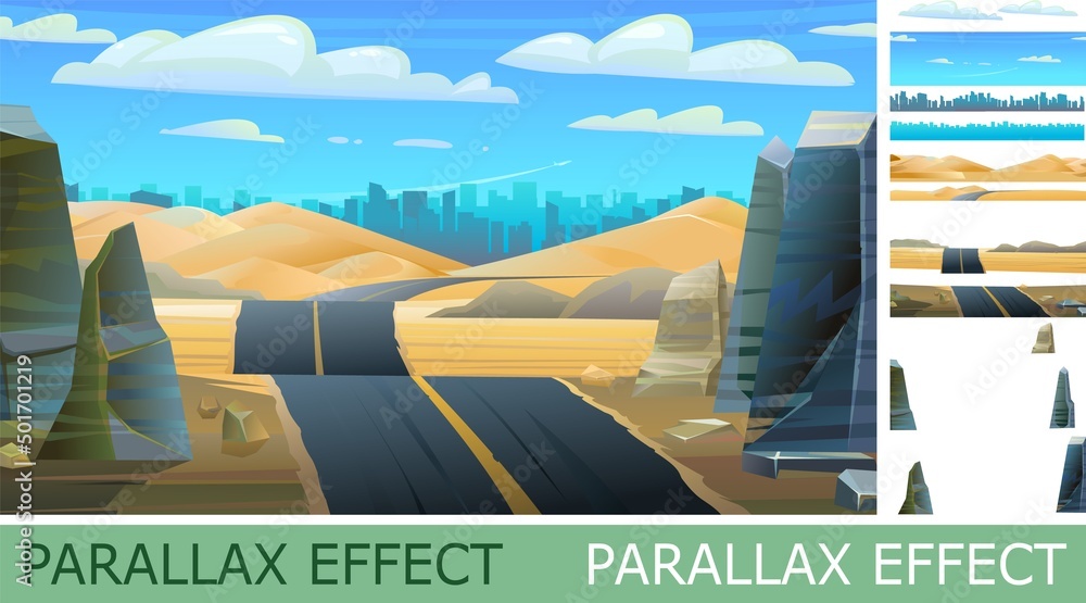 Desert road with parallax effect. Blue big city in distance on horizon ...