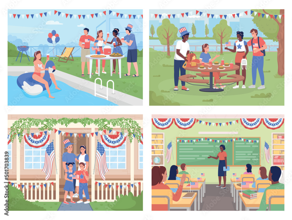 Independence day celebration in America flat color vector illustration ...