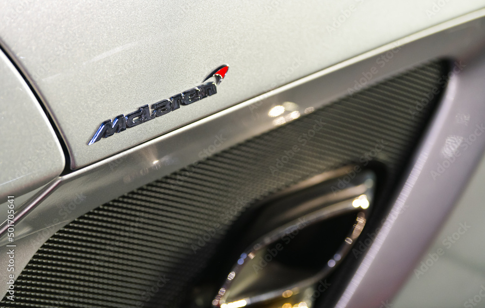The logo sign of an Mercedes-Benz SLR McLaren racing speed luxury car ...