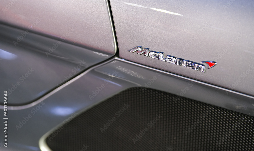 The logo sign of an Mercedes-Benz SLR McLaren racing speed luxury car ...