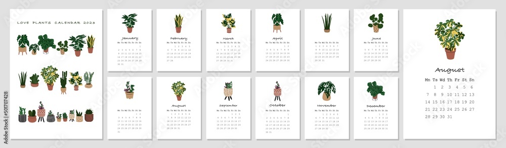Calendar with plants 2023. Trendy Cute house plants in flowerpots ...