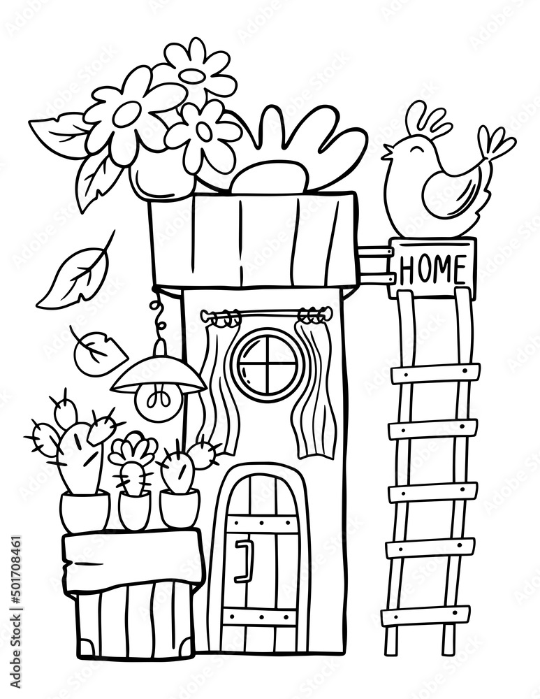 Kids coloring page with cartoon house. Gift boxes and bird. Stock ...