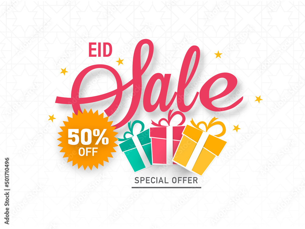 Eid Sale Poster Design With 50% Discount Offer, Colorful Gift Boxes ...