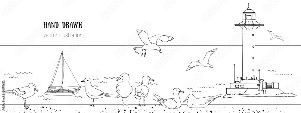 Hand drawn summer seaside background. Sketch gull pattern, seabird ...