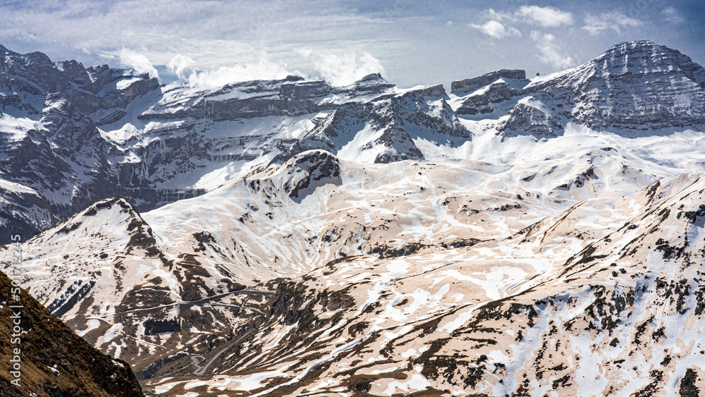 Sahara sand falls make red spots on the Pyrenees snow Stock Photo ...