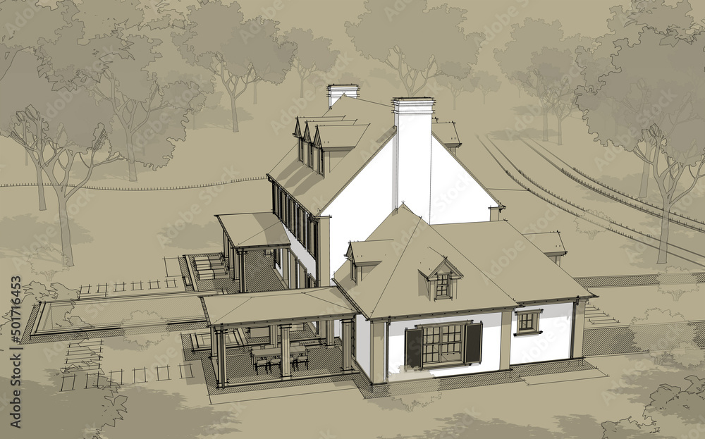 3d rendering of modern cozy classic house in colonial style with garage ...