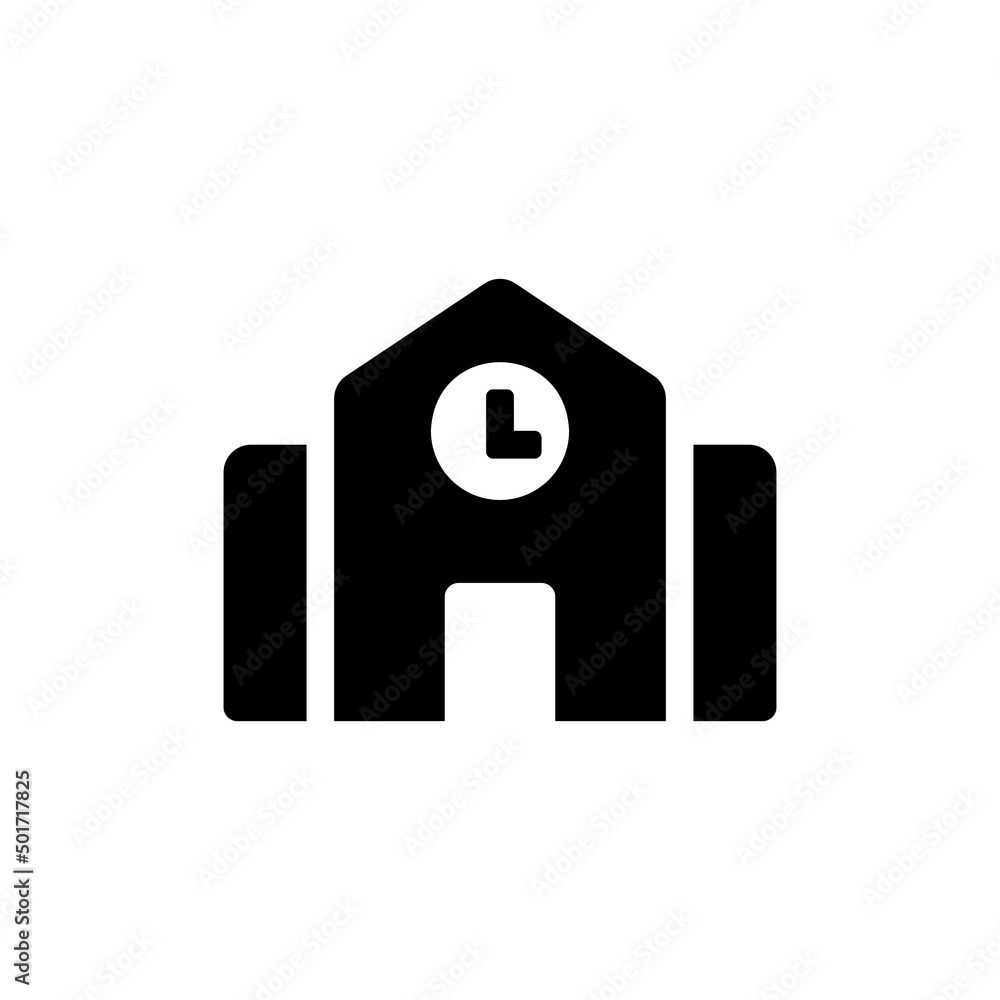 School building with clock and flat vector icon for apps and websites ...