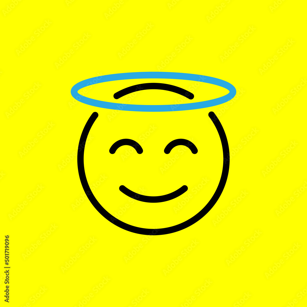 Holy emoticon with halo on head. Angel emoji isolated on yellow ...