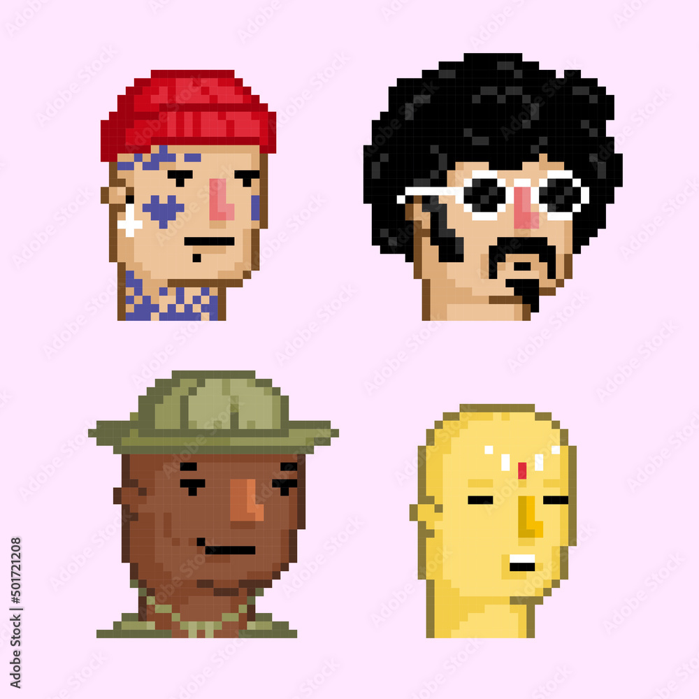 Pixel art characters tattoo punk, retro guy, scout, monk. NFT avatars ...