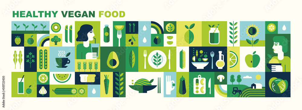 Healthy organic food. Illustration for vegetarian cafe. Diet, detox ...