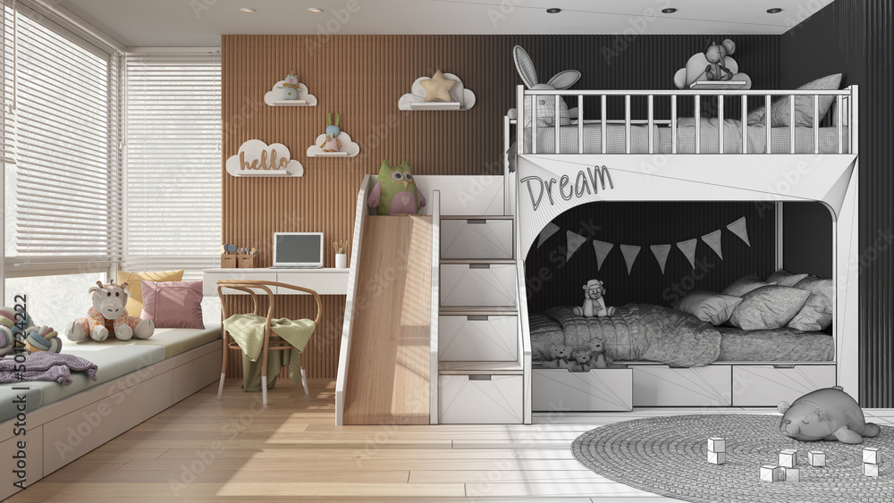 Architect interior designer concept: hand-drawn draft unfinished ...