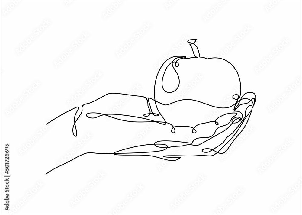 Vector continuous one single line drawing icon of hand holding apple ...