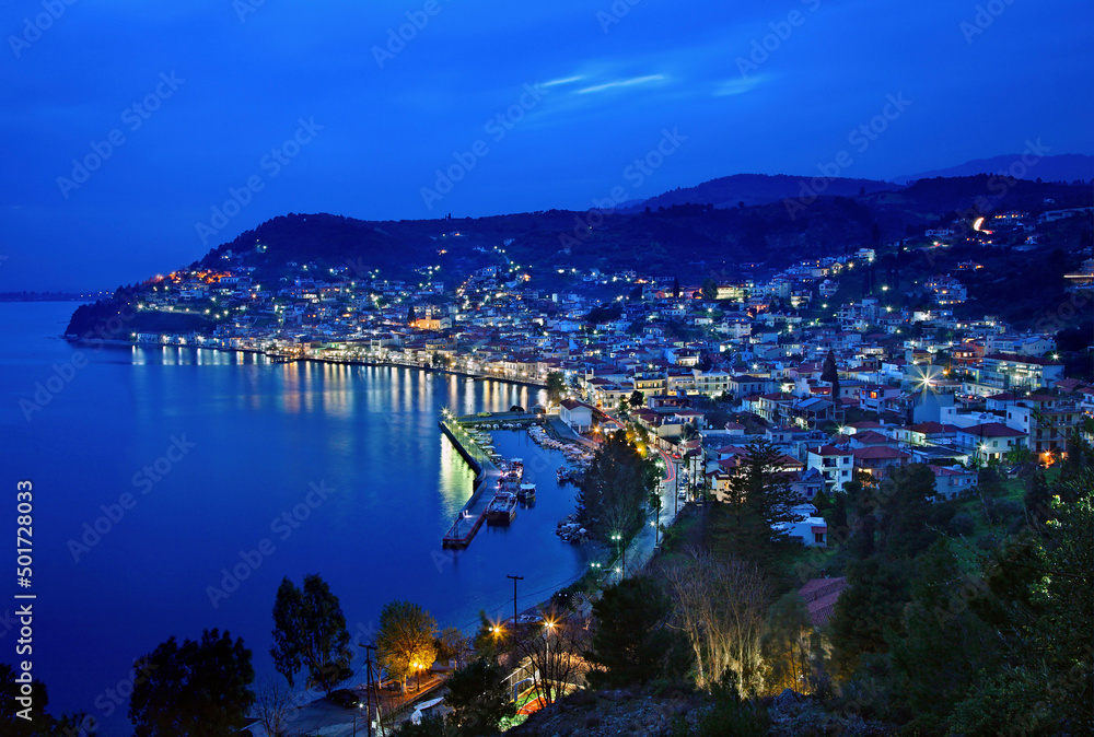 EVIA ("EUBOEA") ISLAND, GREECE. Night falling in Limni, one of the most ...