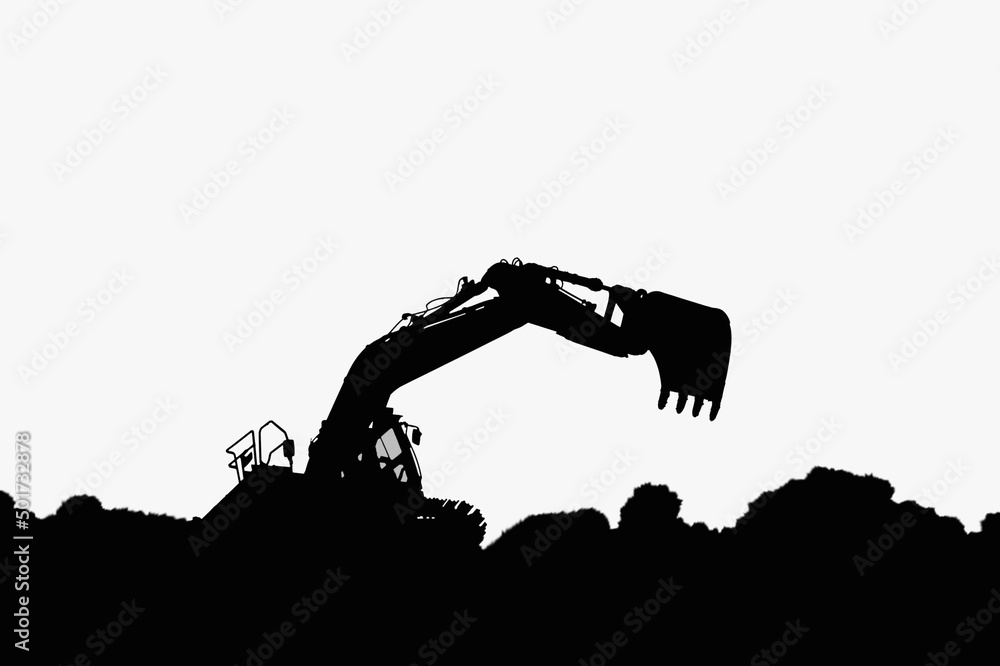 Excavators silhouette are digging the soil in the construction site on ...