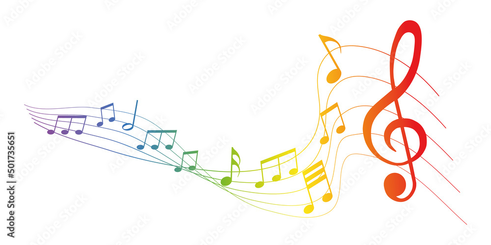 rainbow colored vector sheet music - musical notes melody on white ...
