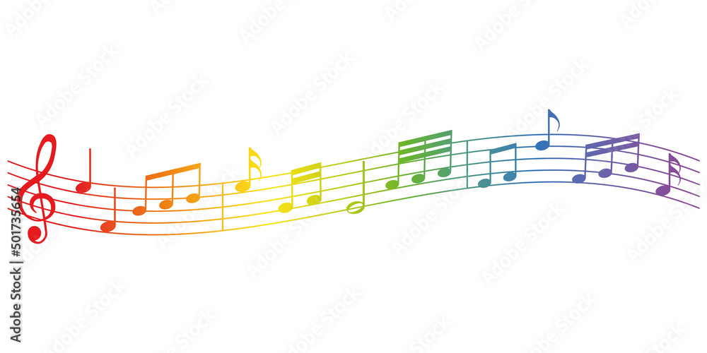 rainbow colored vector sheet music - musical notes melody on white ...