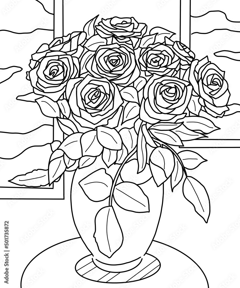Roses in the vase, flowers, summer, coloring pages for kids and adults ...