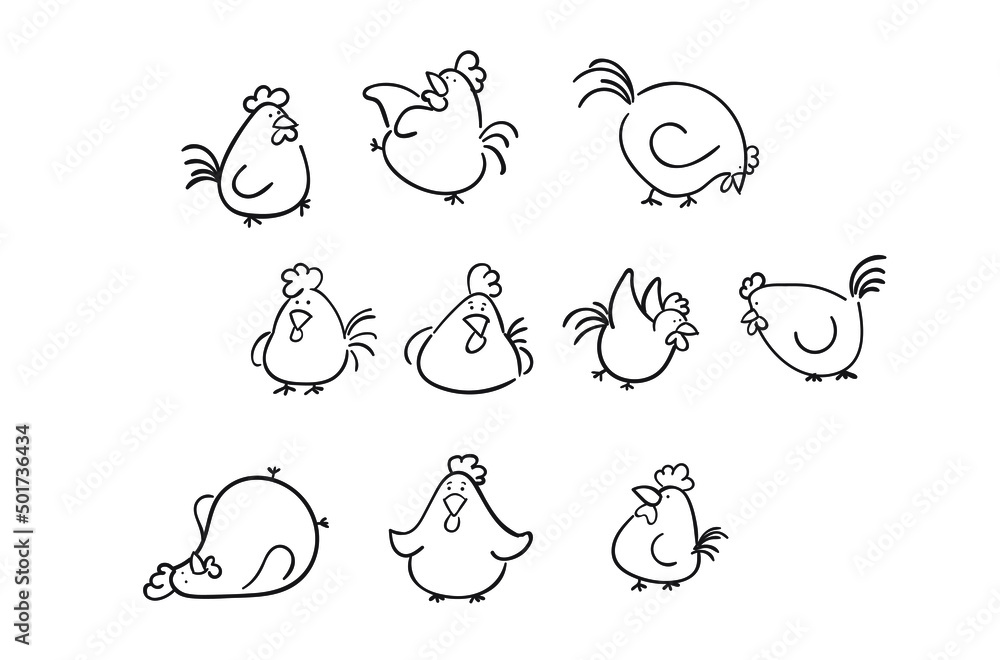 Cute cartoon charecter chickens set. Roosters and hens in different ...