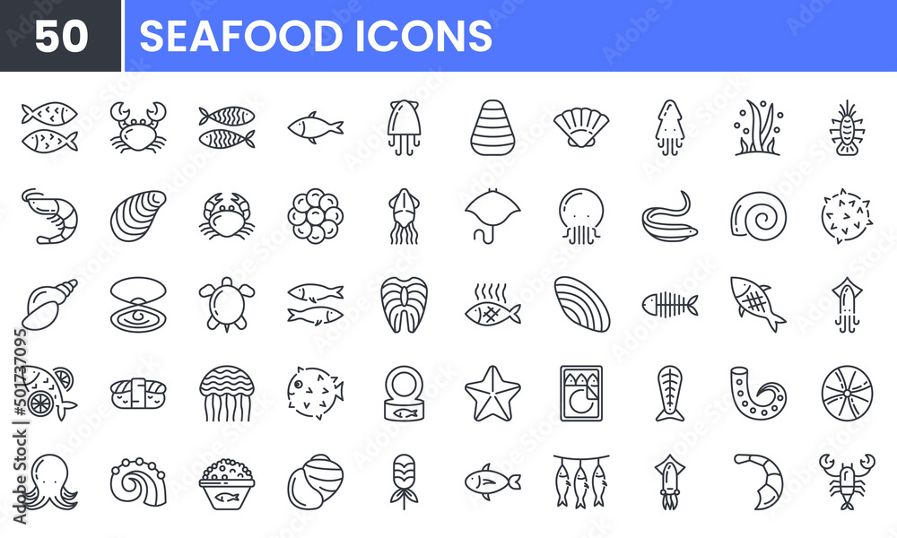 Seafood vector line icon set. Contains linear outline icons like Fish ...