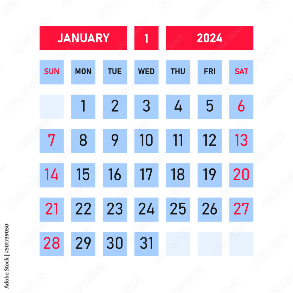 January 2024 calendar template design. Desktop calendar in simple style ...