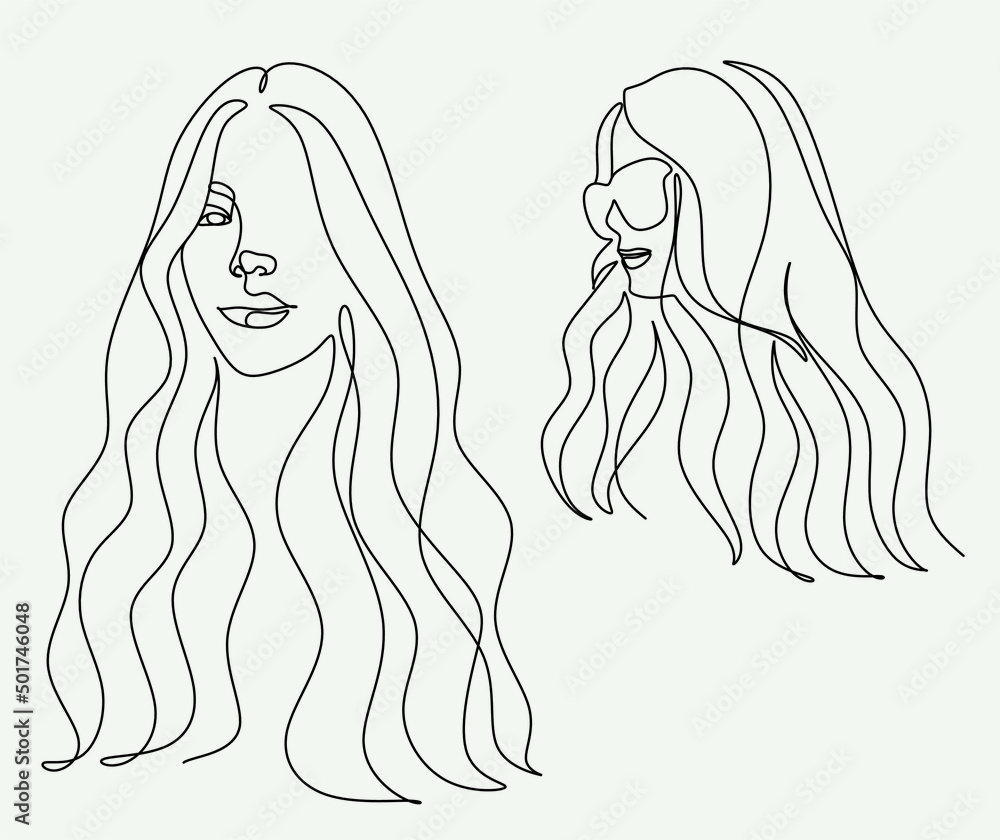 Woman Line Art. Line drawing of girl with long hair. Vector beauty logo ...