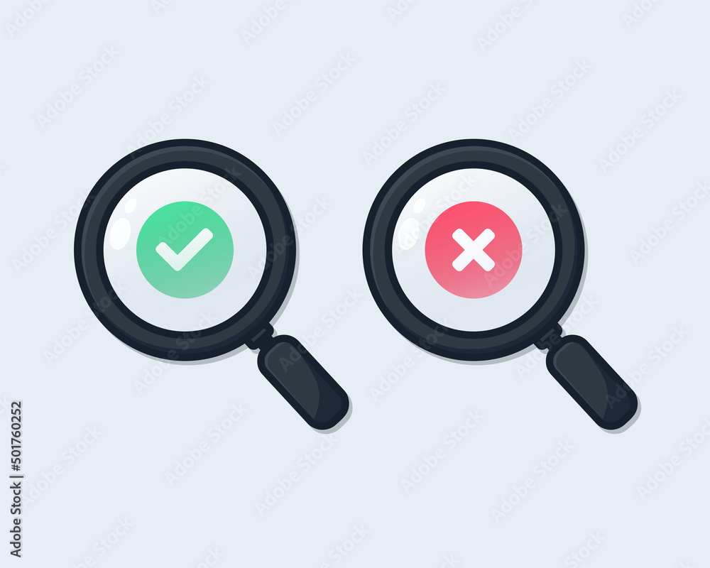 Magnifying glass with check mark and cross sign. Vector illustration ...