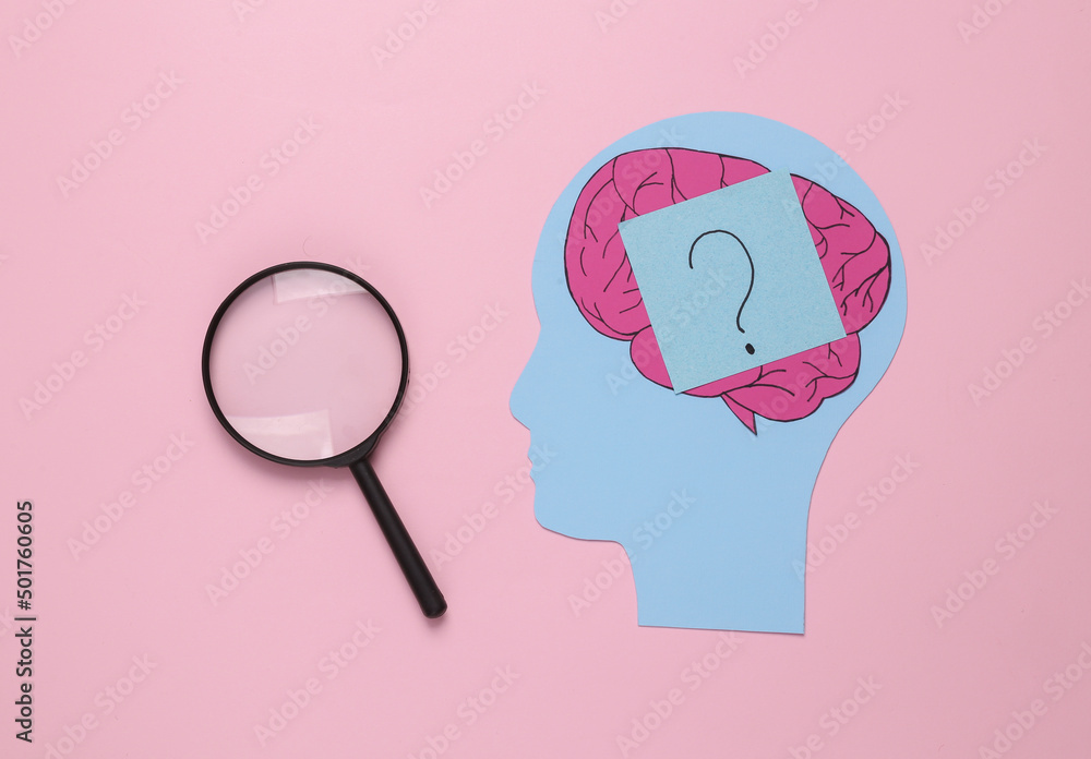 Paper cut Human head with brain, question mark and magnifying glass on ...