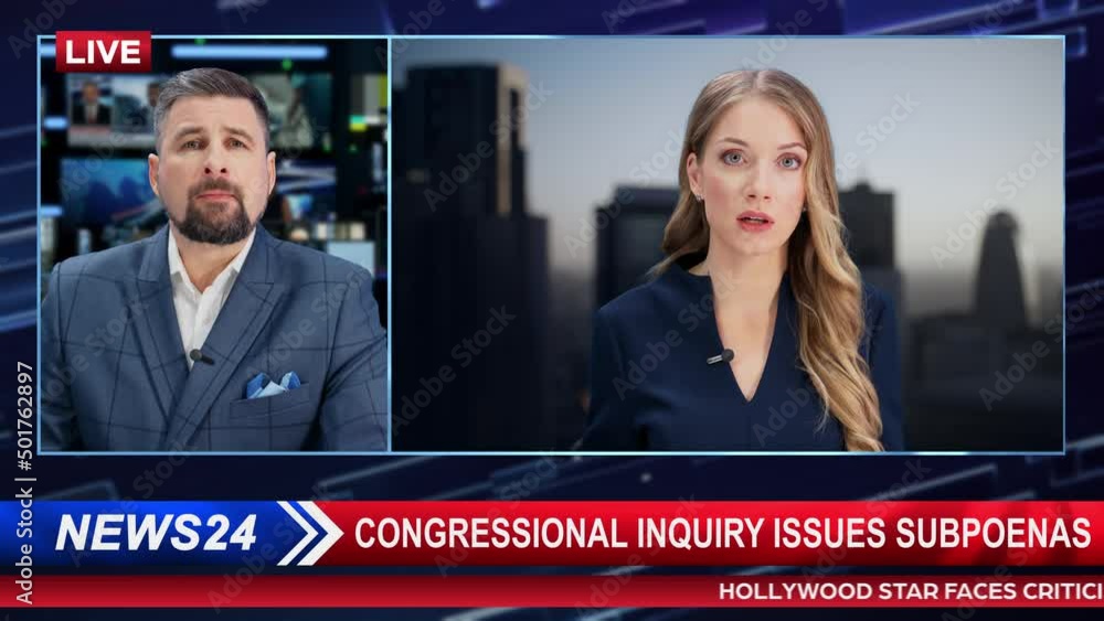 Split Screen: Two Anchors Talking TV Live News Segment. Presenters ...