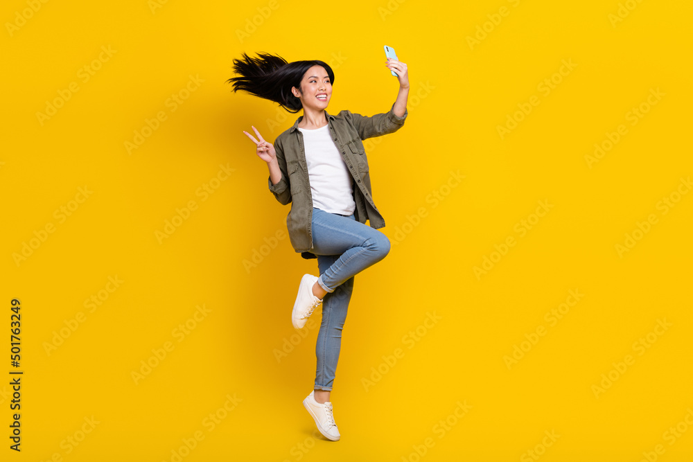 Full body photo of carefree lady video call smart device make cool v ...