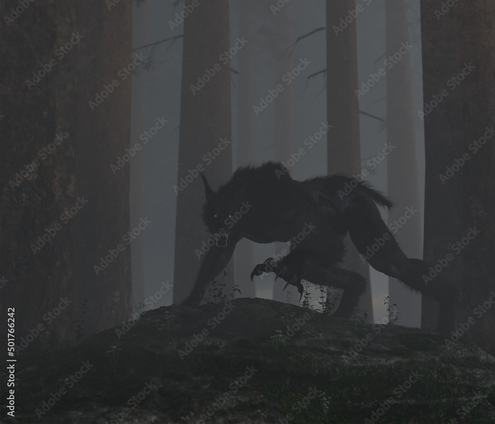 Illustration of a Werewolf or Dogman cryptid on a rock in a foggy ...