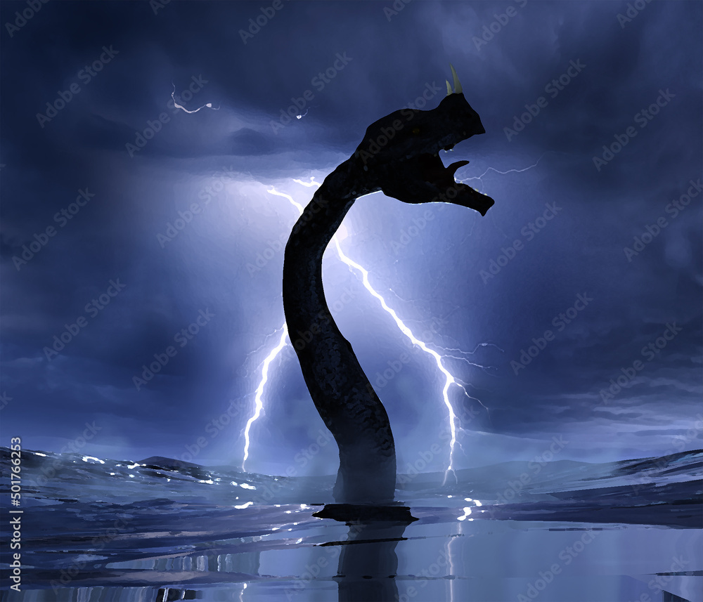 Illustration of a Sea Serpent rearing up out of the water during a ...