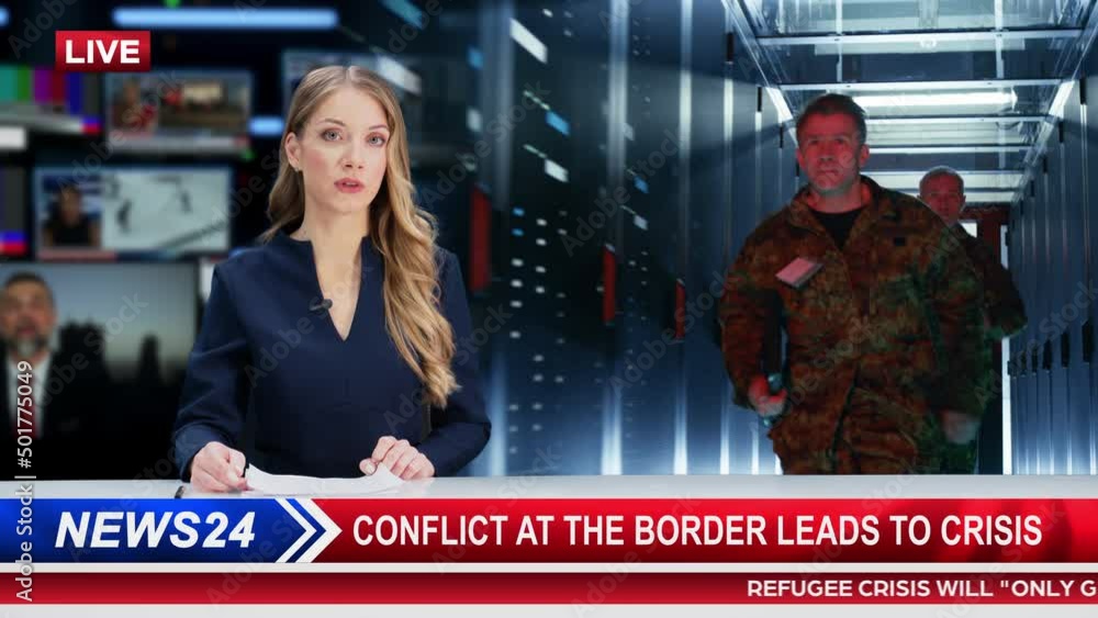 Split Screen Montage TV News Live Report: Anchorwoman Talks Cyber ...