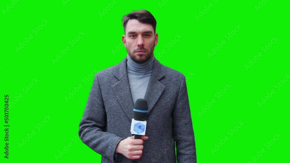 TV Live News Programme: Caucasian Male Presenter Reporting Green Screen ...