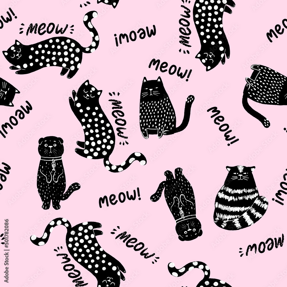 Seamless pattern with funny cats, cute doodle seamless background for ...