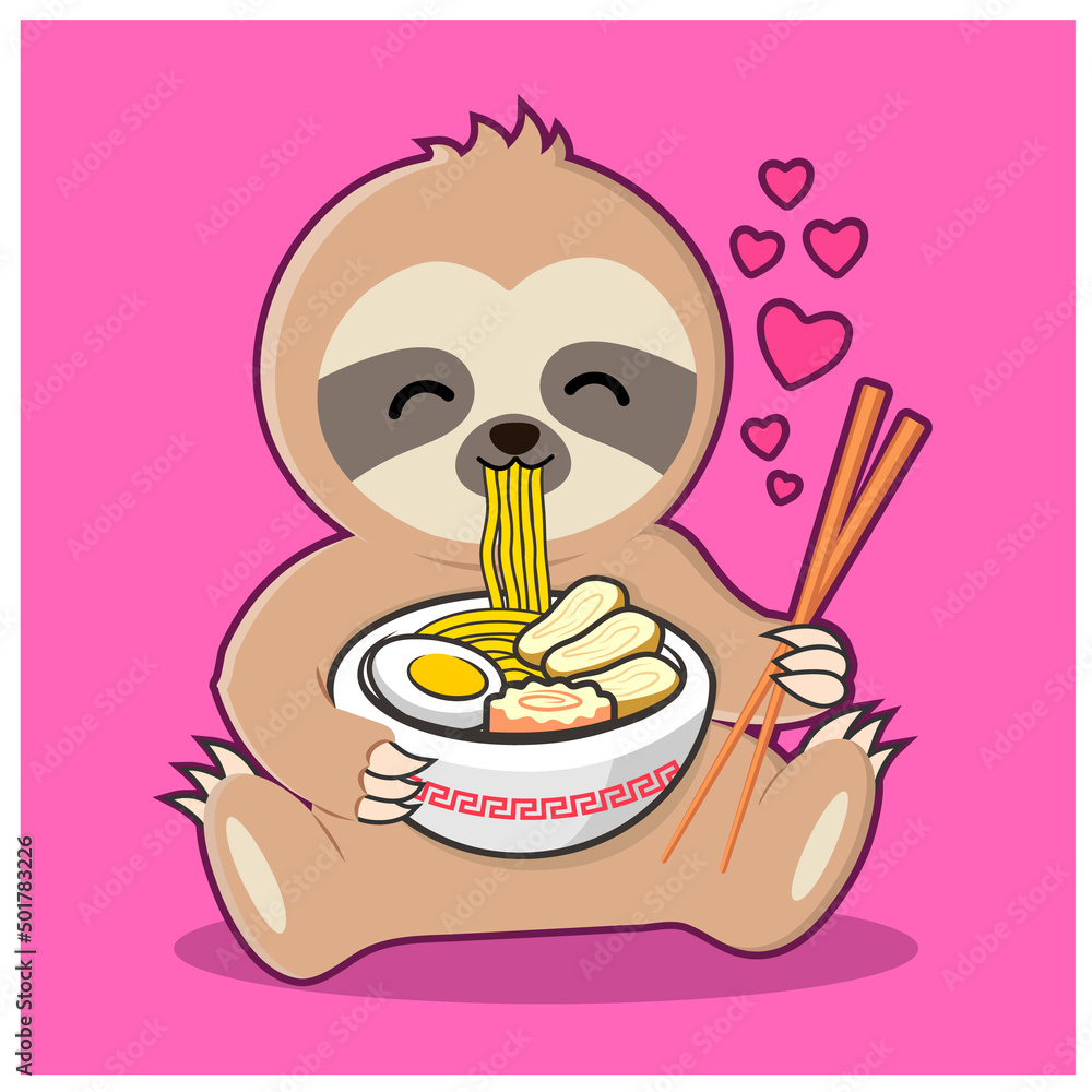 Cute Sloth eating ramen noodles in a bowl. Vector illustration hand ...