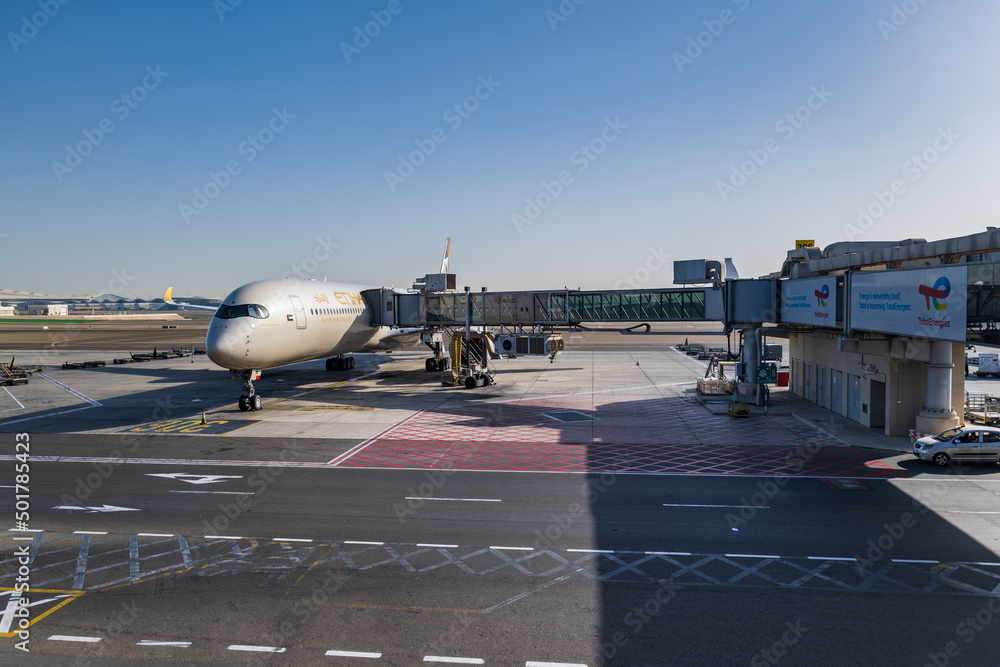 Abu Dhabi, UAE - April 2022: Etihad Airways aircraft on runway of Abu ...