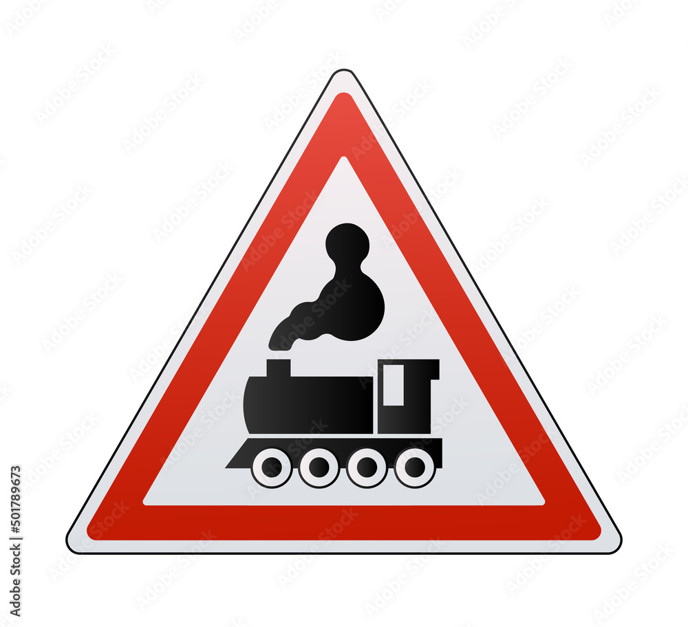 Railway train level crossing road sign. Vector illustration of warning ...
