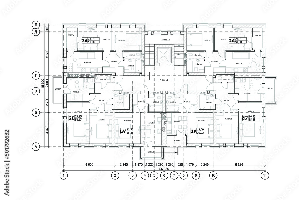 Multistory building detailed architectural technical drawing, vector ...