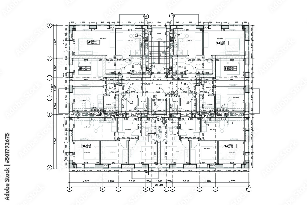 Multistory building detailed architectural technical drawing, vector ...