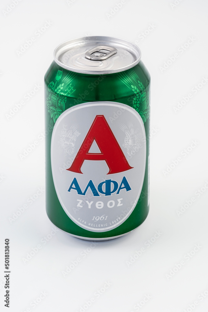Greek beer Alpha with Hellenic name and logo on a 330 ml can against ...