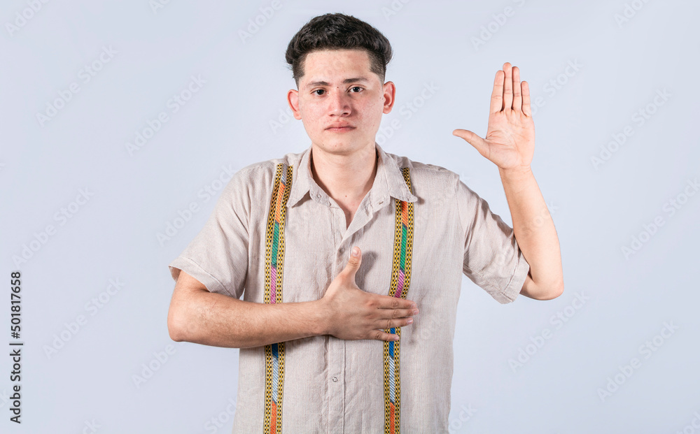 Man swearing honesty and devotion, Honest man raising his hand, a A guy ...
