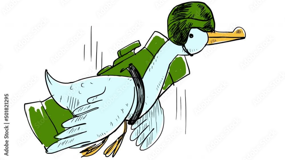 A cartoon goose flies with a helmet and a grenade launcher. 2D bird in ...