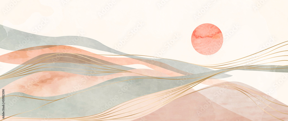Abstract vector watercolor banner with mountains, hills and sun ...