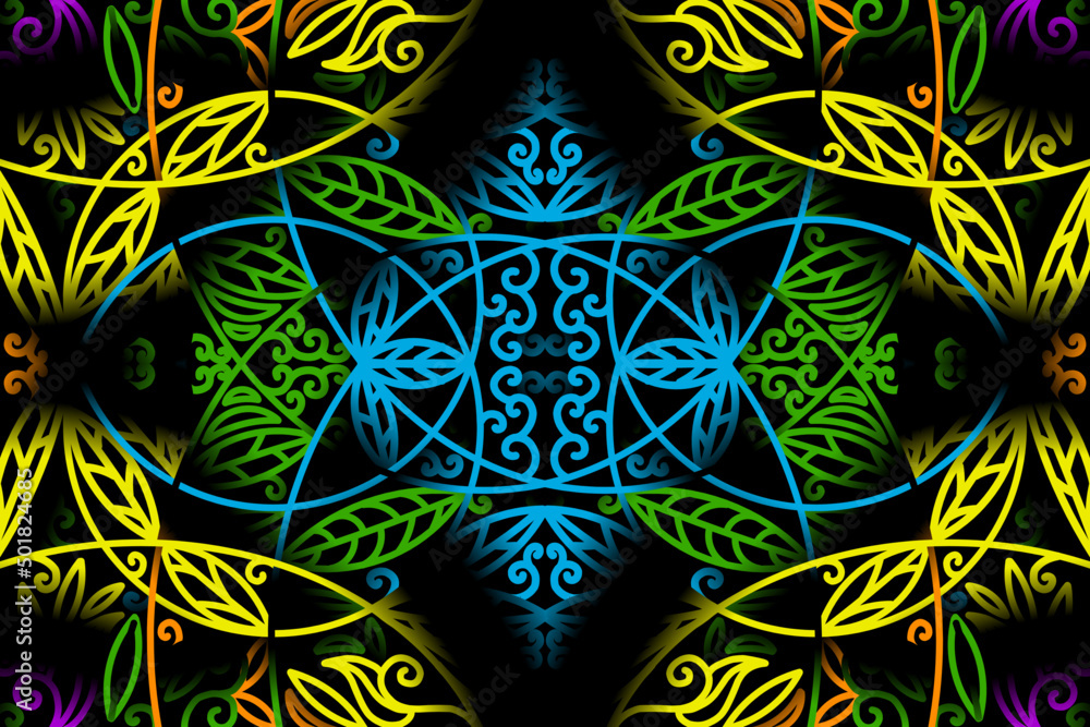 seamless colourful caleidoscope gradient flower and leaf line art ...