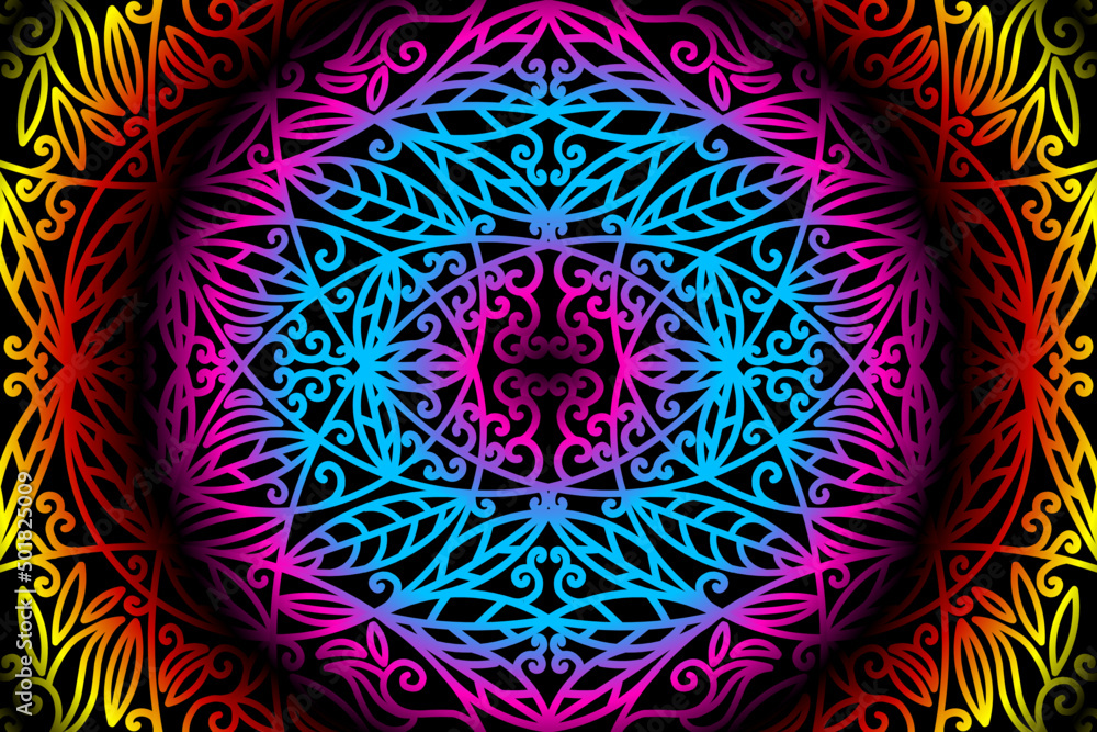 seamless colourful caleidoscope gradient flower and leaf line art ...