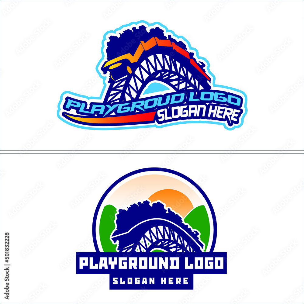 Colorful playground logo design with symbol roller coaster outdoors ...