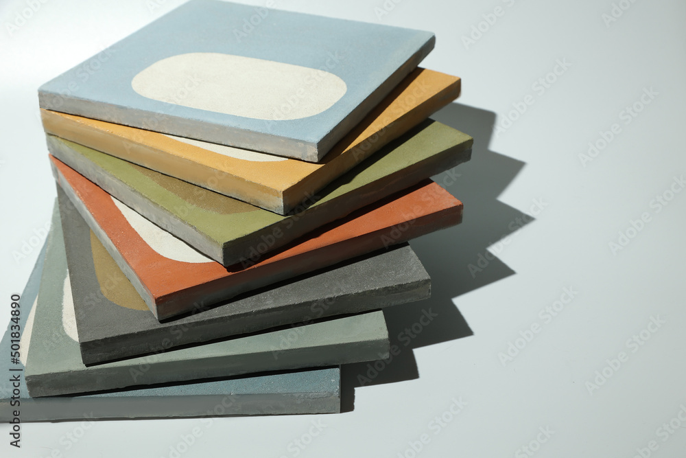 Foto de Demonstration fan layout of concrete tiles of different colors ...