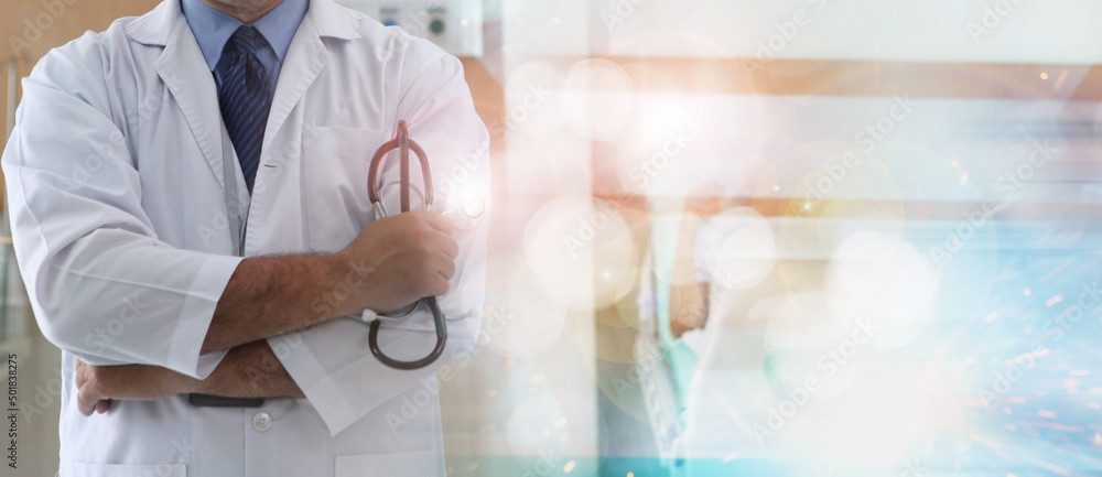 Medicine doctor with stethoscope in hand and Patients come to the ...